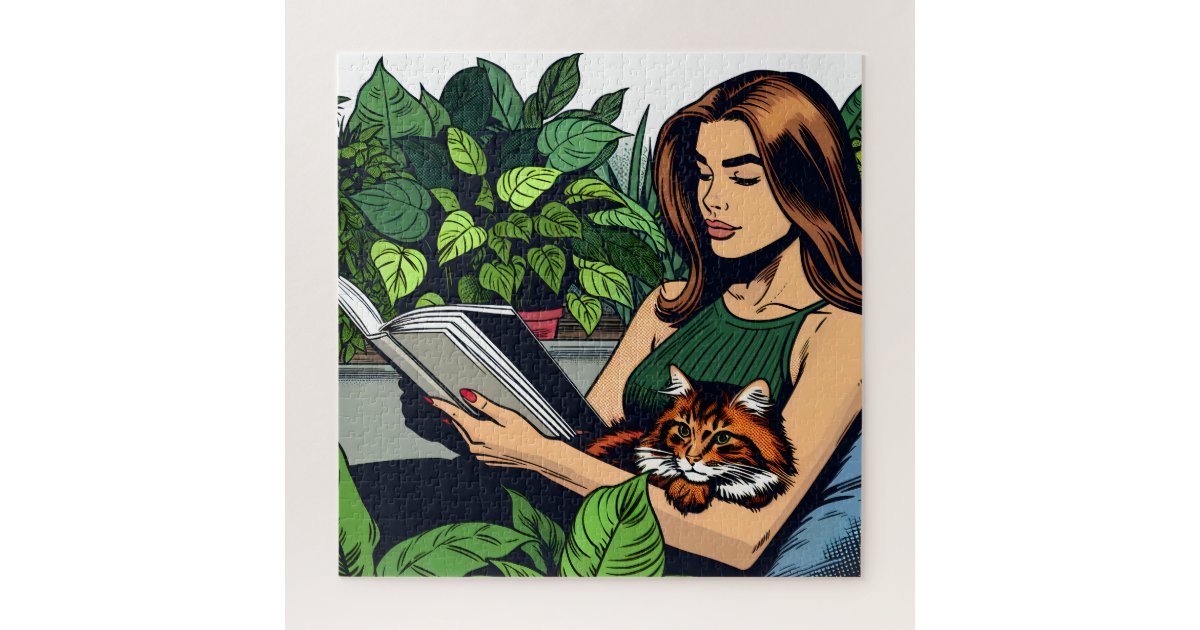 Comic Book Style Woman, Cat and Book Jigsaw Puzzle | Zazzle