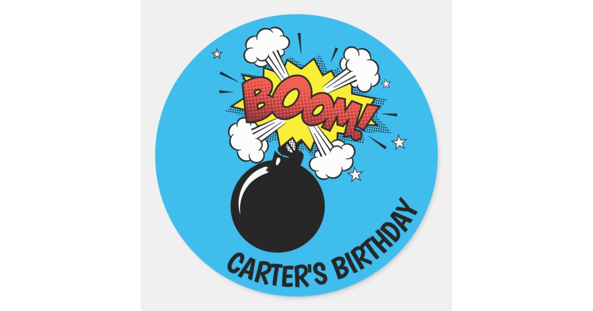 Comic Book Super Hero Birthday Boom Bomb Classic Round Sticker | Zazzle