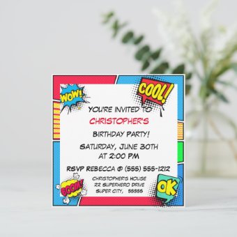 Comic Book Superhero Birthday Boy Custom Invitation | Zazzle