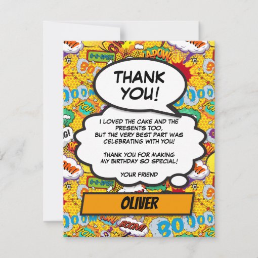 Comic Book Superhero Birthday Party Thank You Card | Zazzle