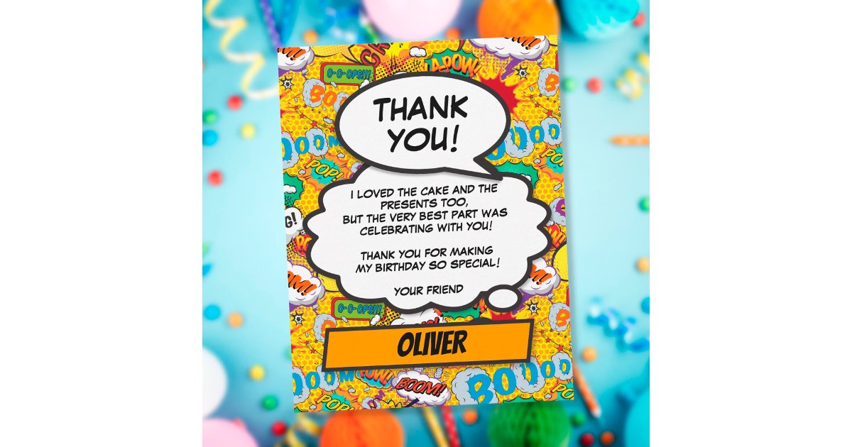 Comic Book Superhero Birthday Party Thank You Card | Zazzle