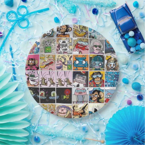 Comic Colorful Fun Characters Grid Pattern Paper P Paper Plates | Zazzle