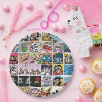Comic Colorful Fun Characters Grid Pattern Paper P Paper Plates | Zazzle