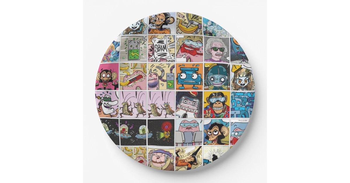 Comic Colorful Fun Characters Grid Pattern Paper P Paper Plates | Zazzle