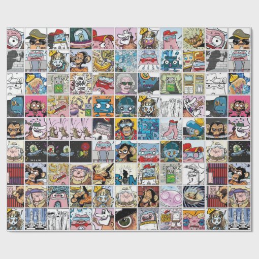 Comic Colorful Fun Characters Grid Pattern Party Wrapping Paper | Zazzle