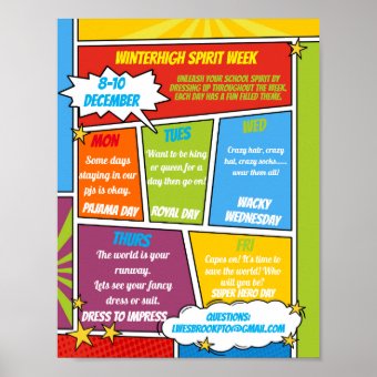 COMIC Spirit week school flyer SUPER HERO Poster | Zazzle