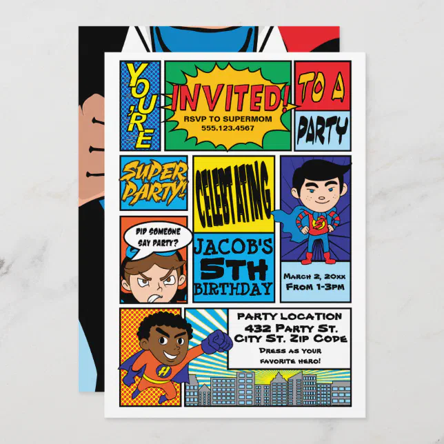 Comic Style Superhero Birthday Invitations | Zazzle