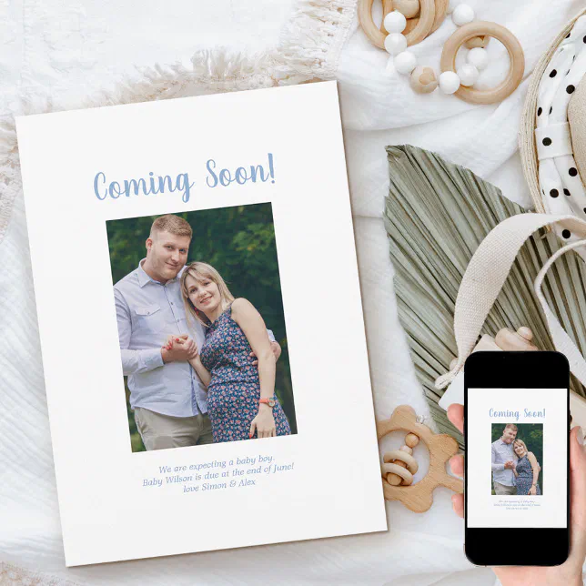 Coming Soon Photo Blue Brush Script Pregnancy Announcement | Zazzle