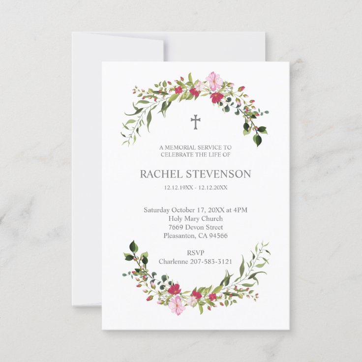 Commemorative In memoriam Floral in Pink & Red Invitation | Zazzle