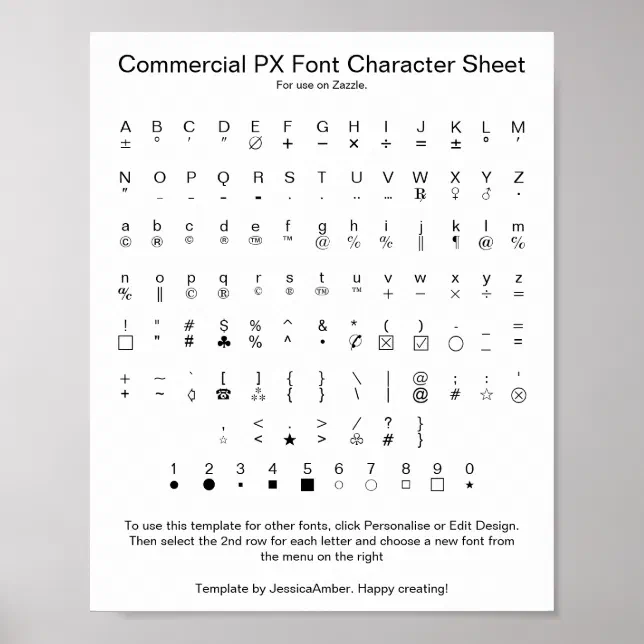 Commercial PX Font Character Sheet for Zazzle Poster | Zazzle