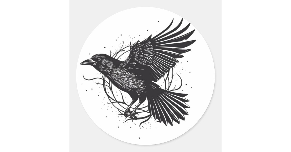 Common Raven Crow Black Mysic Norse Flying Design Classic Round Sticker ...