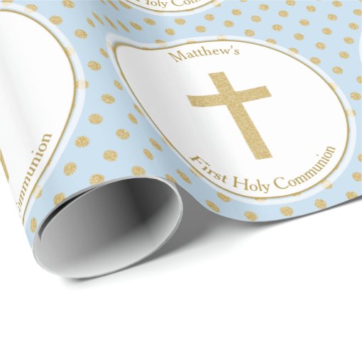 Communion Blue with Gold Polka Dots Wrapping Paper | Zazzle