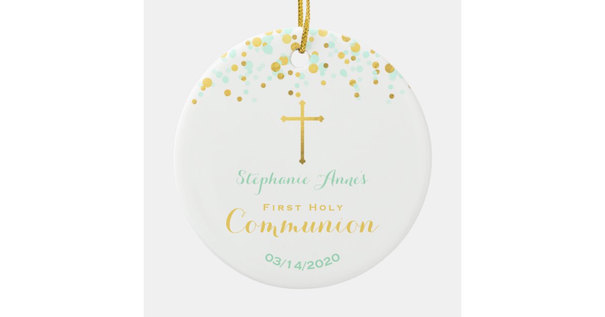 Communion Mint and Gold Confetti Ceramic Ornament | Zazzle