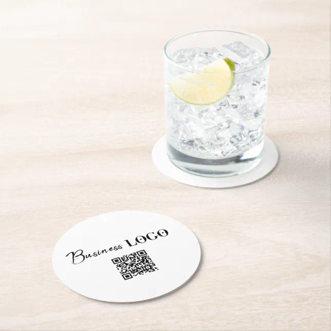 Company Business Logo & QR Code Round Paper Coaster | Zazzle