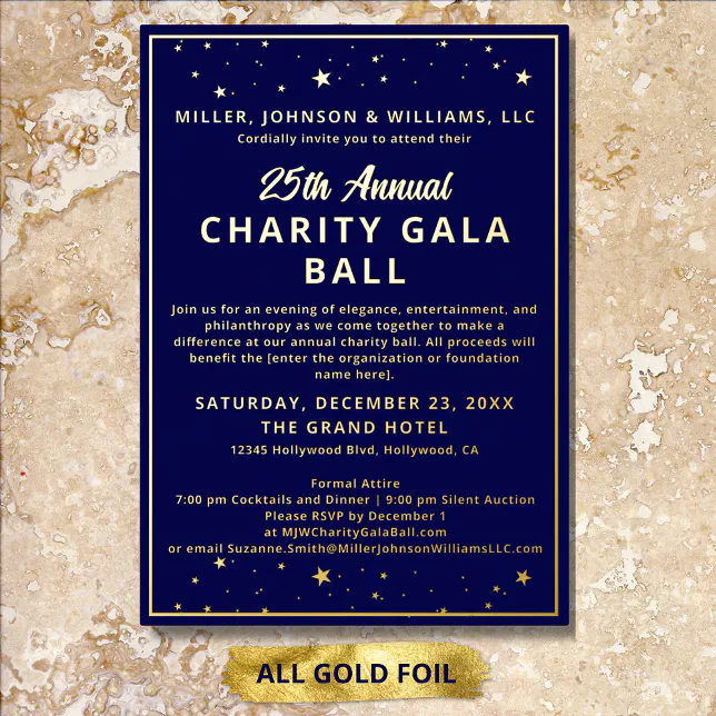 Company Charity Gala Ball Elegant Blue All Foil Invitation | Zazzle