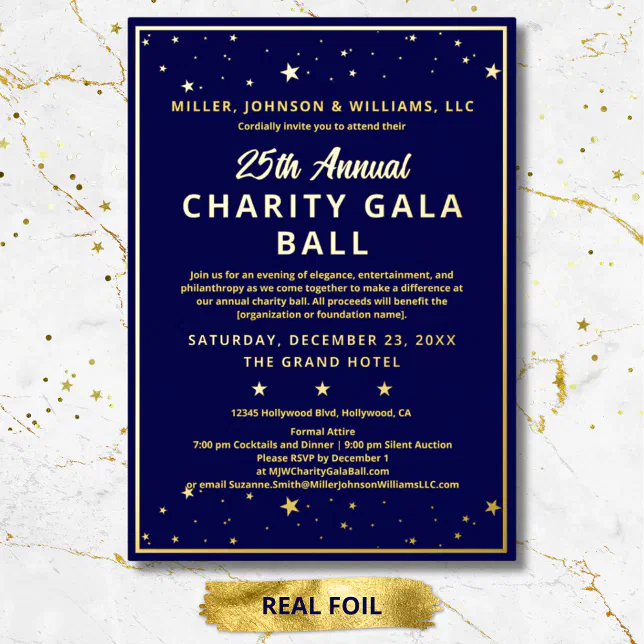 Company Charity Gala Ball Elegant Blue Custom Foil Invitation | Zazzle