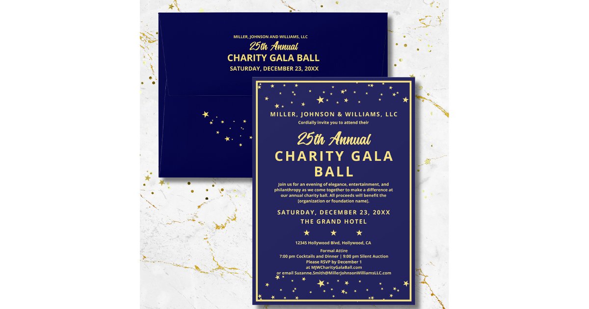 Company Charity Gala Ball Elegant Blue Gold Custom Invitation | Zazzle