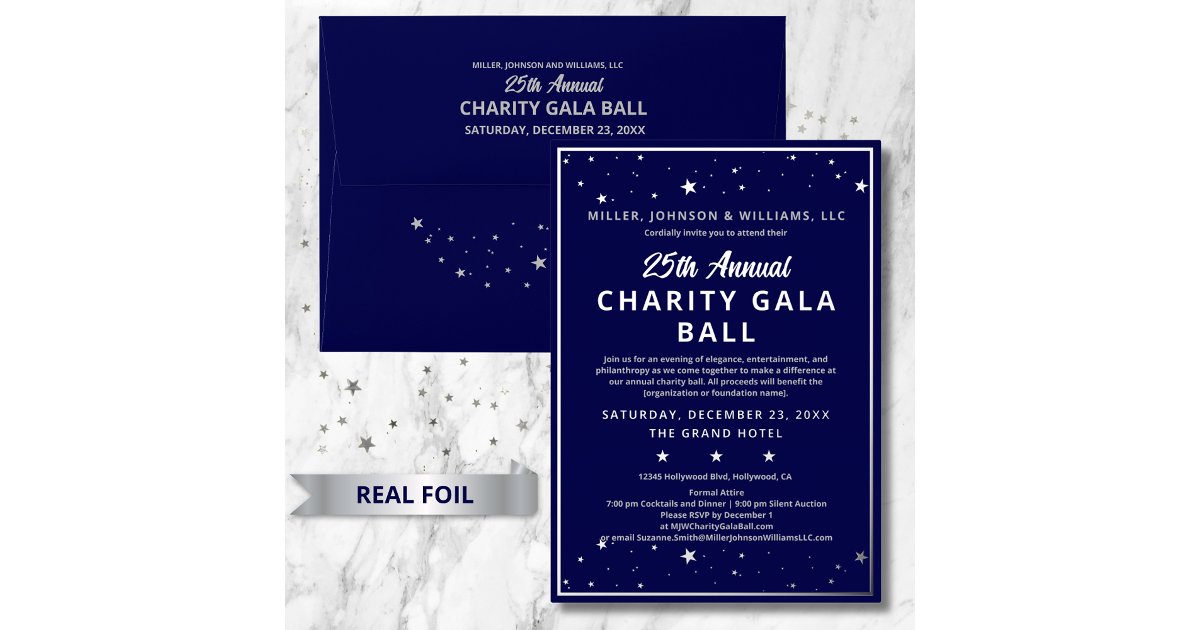 Company Charity Gala Ball Elegant Blue Silver Foil Invitation | Zazzle