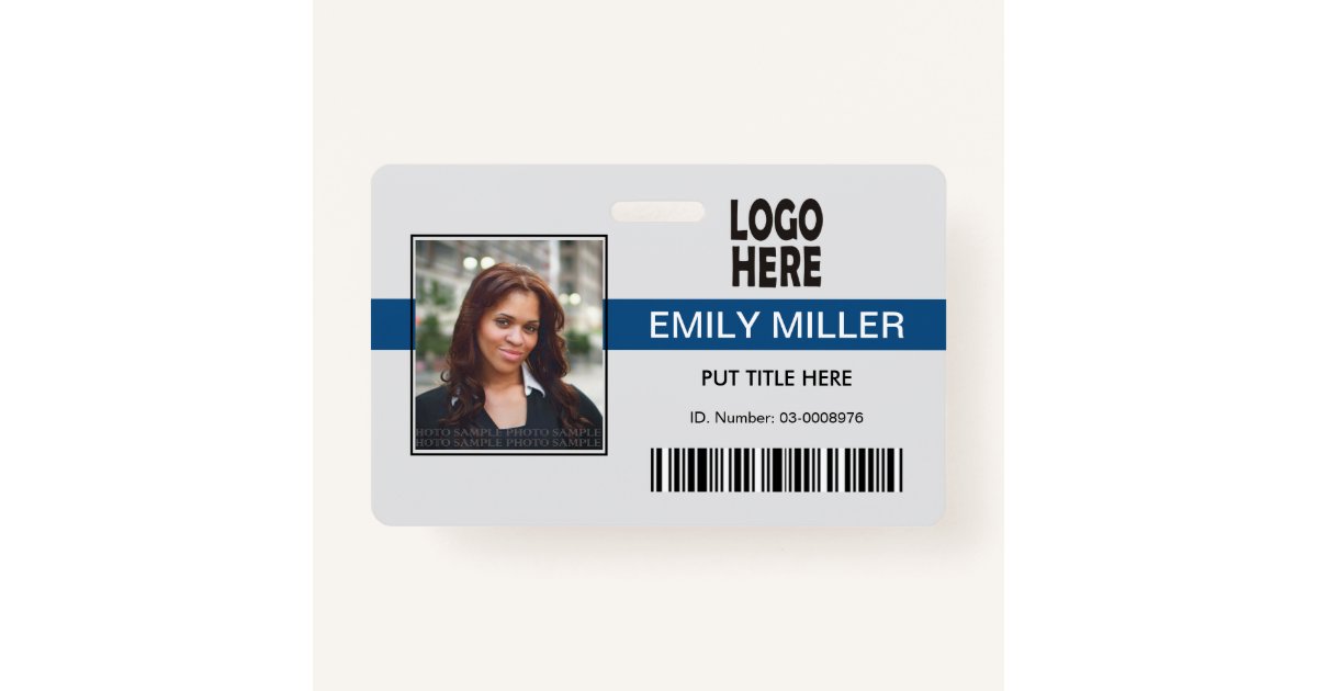 Company employee logo, barcode blue photo template badge | Zazzle