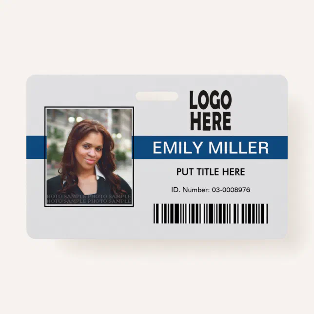 Company employee logo, barcode blue photo template badge | Zazzle