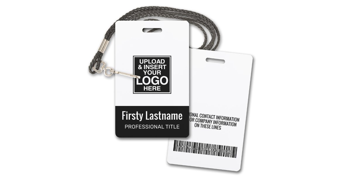 Company Logo BLACK Name Title Bar Code Custom ID Badge | Zazzle