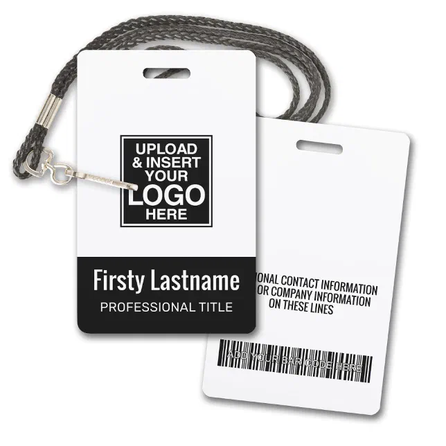Company Logo BLACK Name Title Bar Code Custom ID Badge | Zazzle