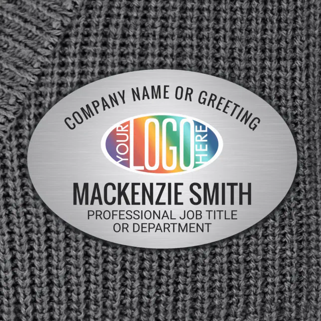 Company Logo Brushed Gray Color Plastic Oval Name Tag | Zazzle