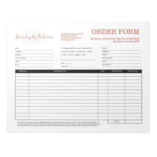 Company logo custom jewelry business order form notepad | Zazzle