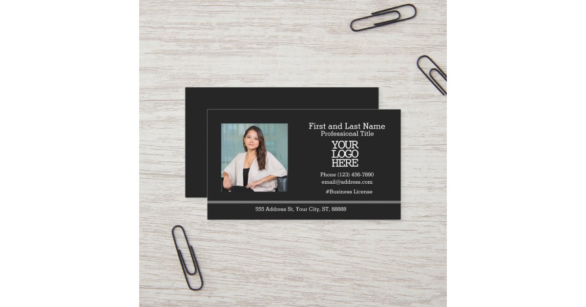 Company Logo | Employee Photo Black Business Card | Zazzle