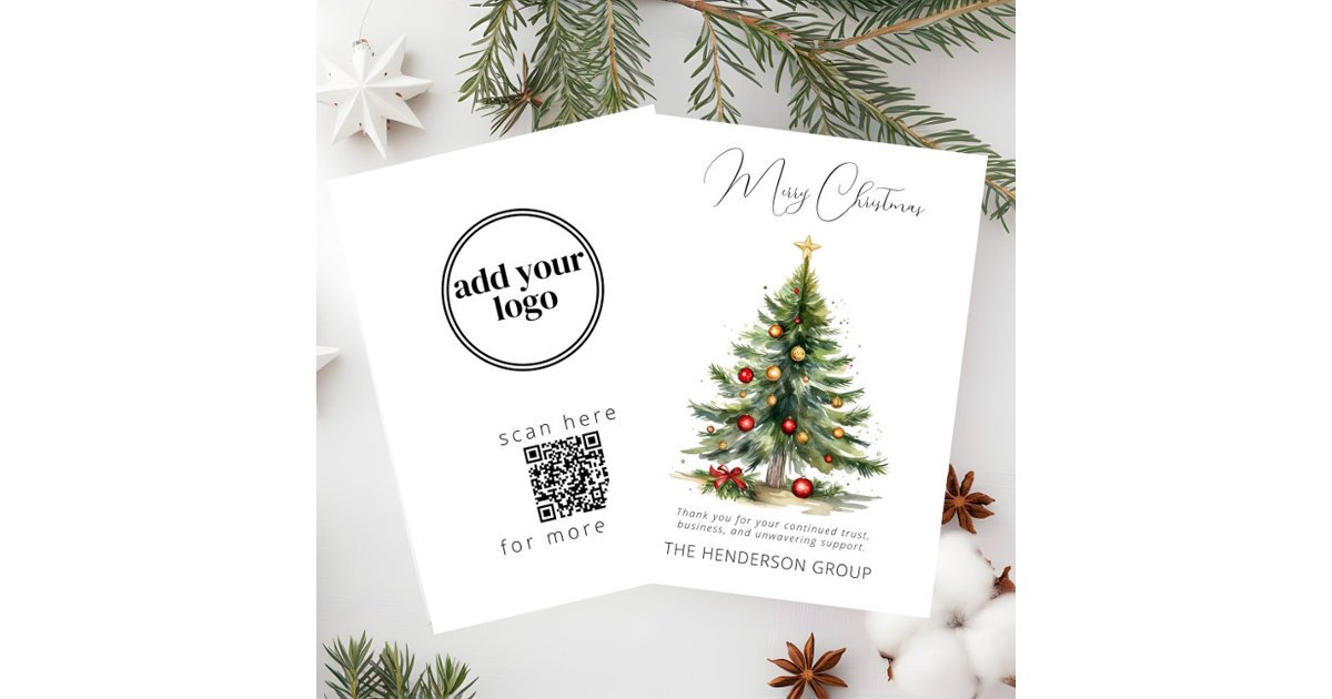 Company Logo QR Code Merry Christmas Tree Holiday Card | Zazzle