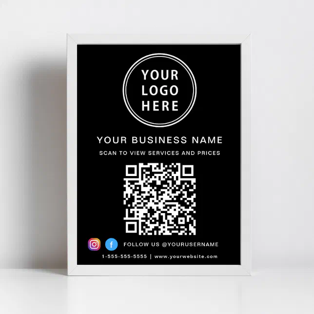 Company Logo QR Code Social Media Black Poster | Zazzle