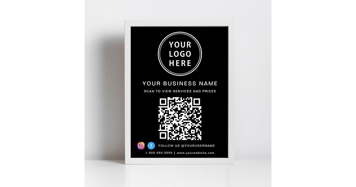 Company Logo QR Code Social Media Black Poster | Zazzle