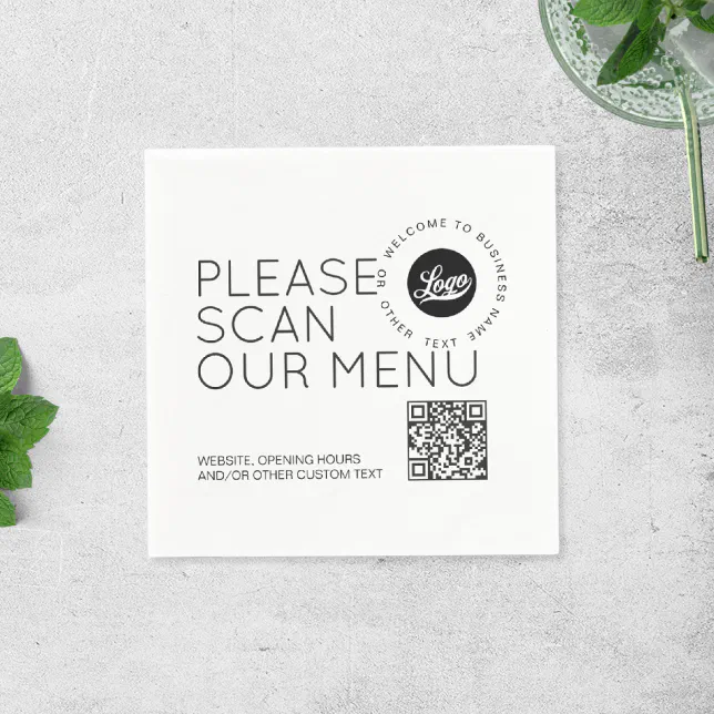 Company logo Scan menu QR code Round text Business Napkins | Zazzle