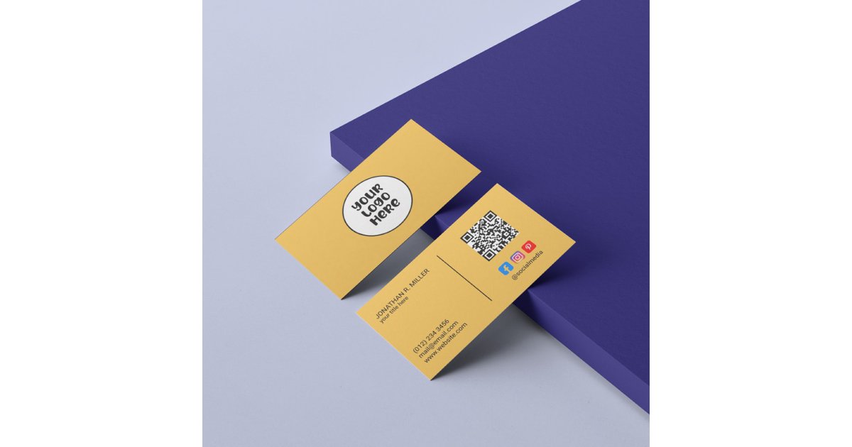 Company Logo Social Media QR Code Yellow Elegant Business Card | Zazzle
