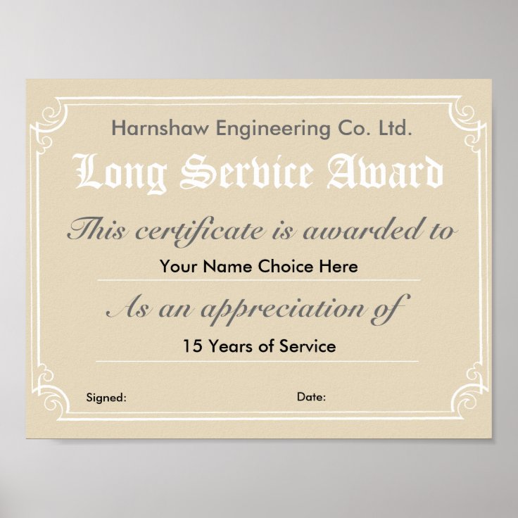 Company Long Service Award Certificate Poster | Zazzle