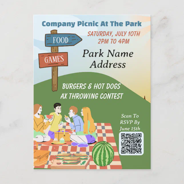Company Picnic Summer QR code Food Games Postcard | Zazzle
