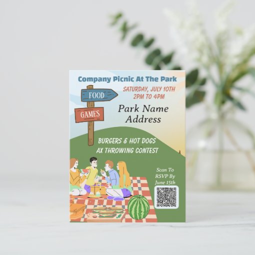 Company Picnic Summer QR code Food Games Postcard | Zazzle