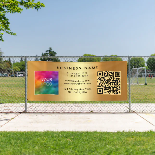 Company QR Code Logo Name Gold Template Outdoor Banner | Zazzle
