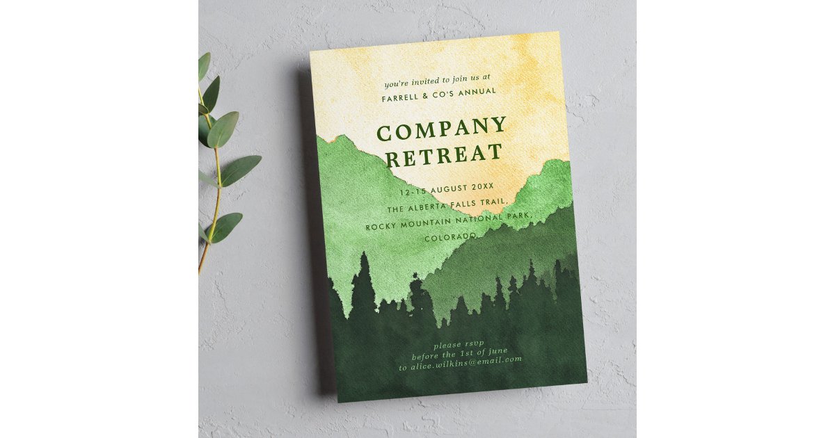 Company Team Retreat with Mountains (Green) Invitation | Zazzle