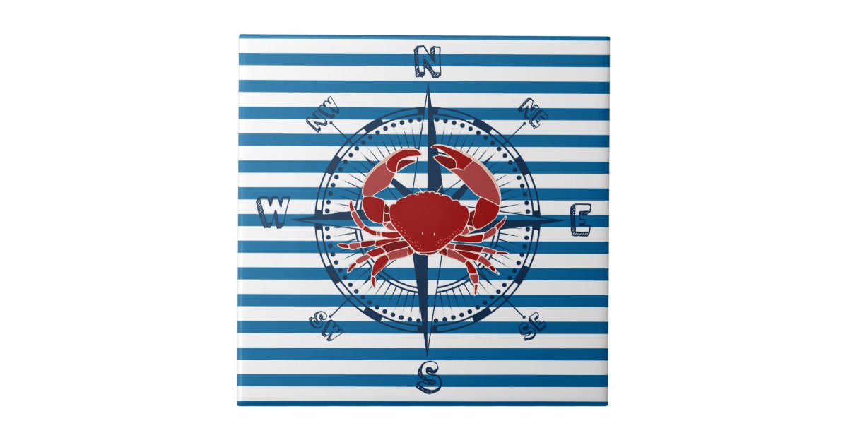 Compass and Crab Blue and White Stripe Tile | Zazzle