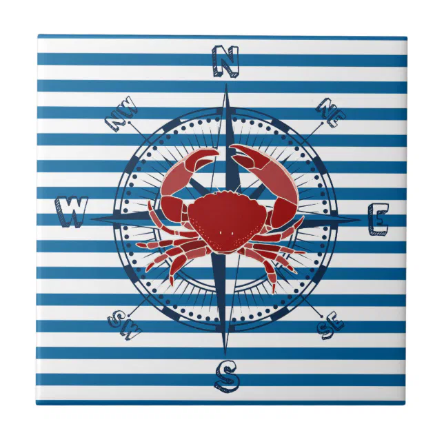 Compass and Crab Blue and White Stripe Tile | Zazzle