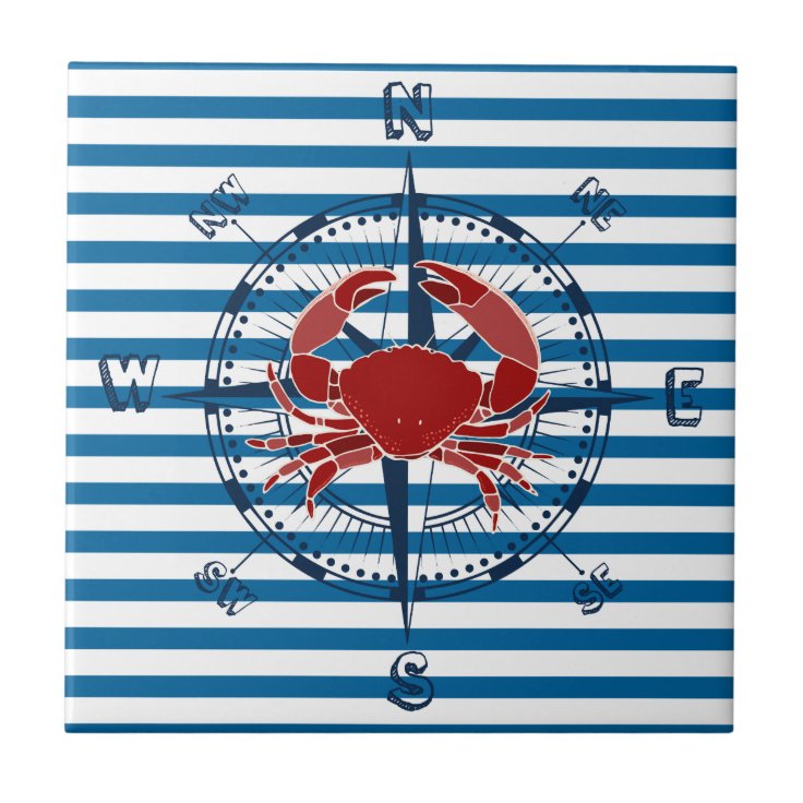 Compass and Crab Blue and White Stripe Tile | Zazzle