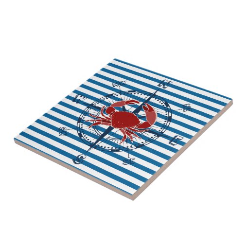 Compass and Crab Blue and White Stripe Tile | Zazzle