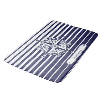 Compass Rose Blue Stripes Bathroom Mat | Zazzle