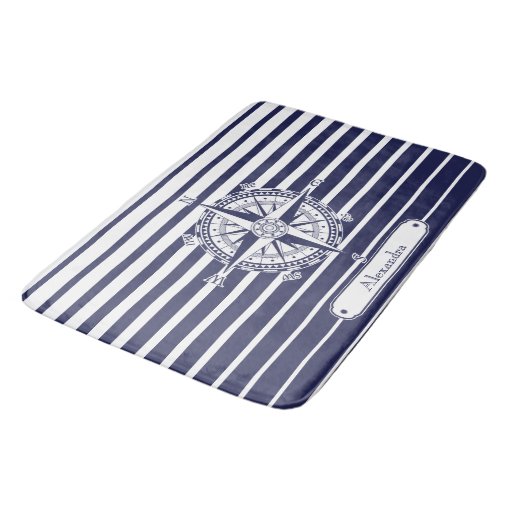 Compass Rose Blue Stripes Bathroom Mat | Zazzle