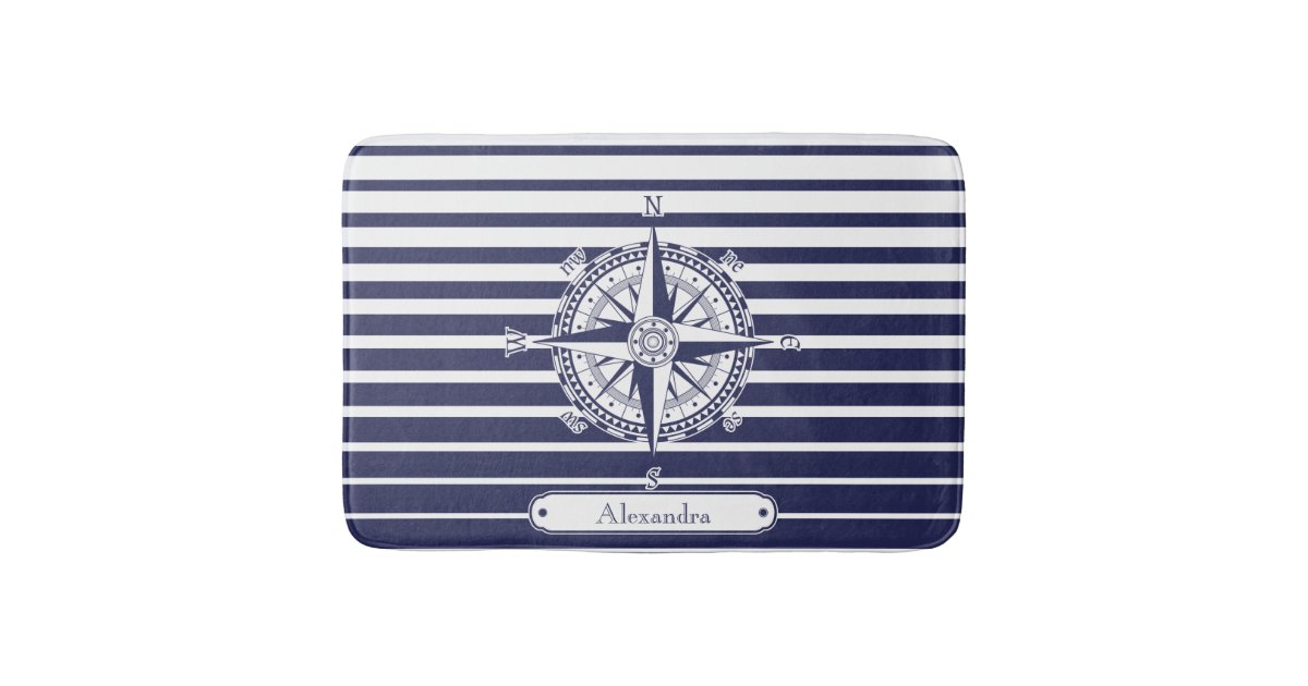 Compass Rose Blue Stripes Bathroom Mat | Zazzle