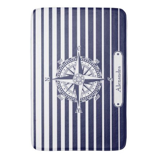 Compass Rose Blue Stripes Bathroom Mat | Zazzle