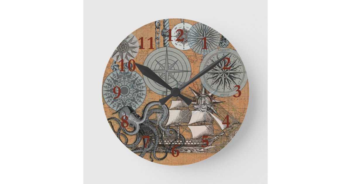 Compass Rose Vintage Nautical Octopus Ship Round Clock | Zazzle