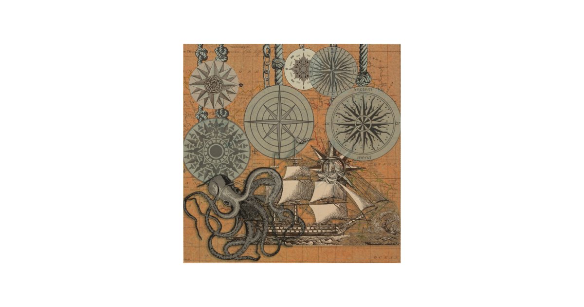 Compass Rose Vintage Nautical Octopus Ship Wood Wall Art | Zazzle