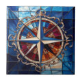 Compass Rose with Scroll Border Stained-Glass Look Ceramic Tile | Zazzle